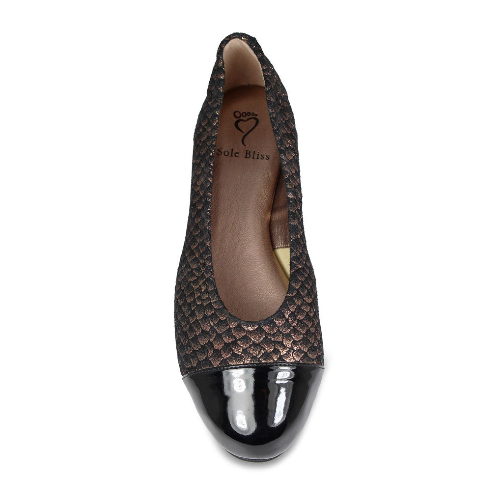 Luna: Metallic Suede & Black Patent – Toe Cap Ballet Flats | Sole Bliss