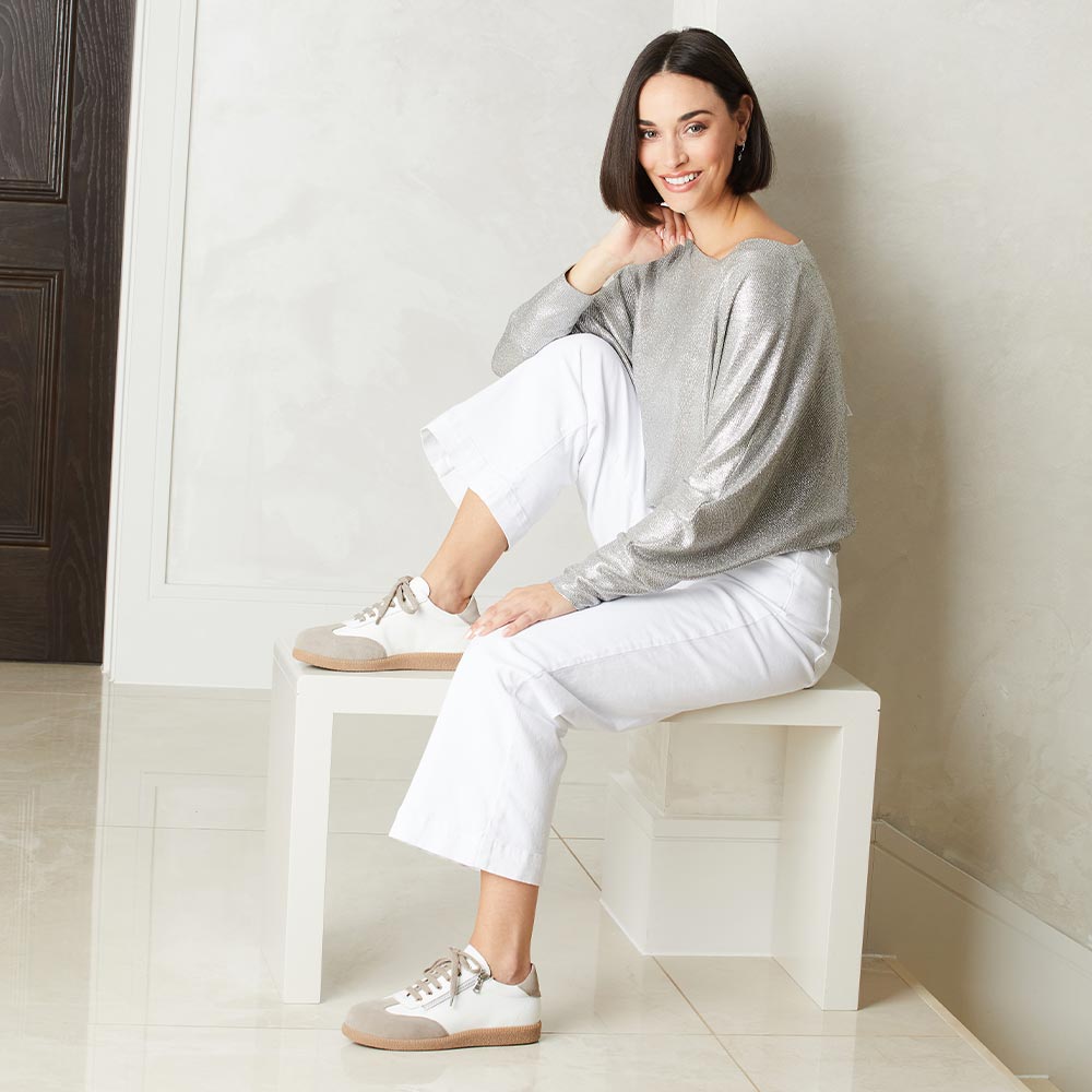 Pixie: White Leather & Taupe - Light Trainer for Bunions | Sole Bliss