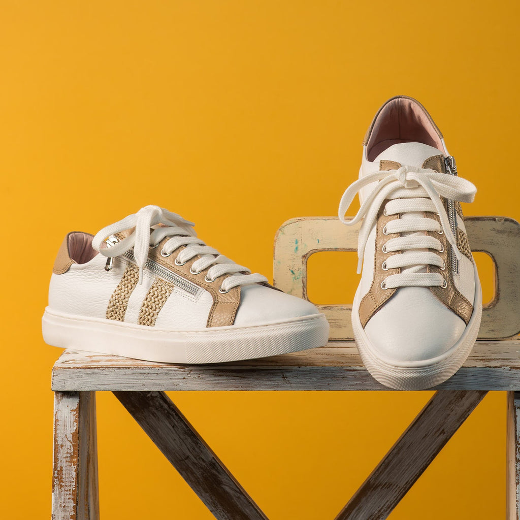 Sprint: White & Raffia - Low-Soled Trainers For Bunions | Sole Bliss