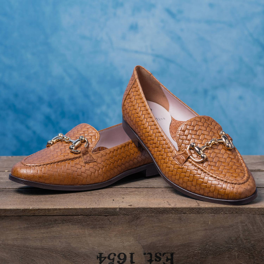 Triumph: Tan Weave Leather - Wide Fit Loafers For Women | Sole Bliss