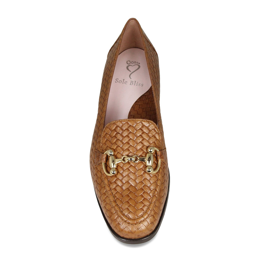 Triumph: Tan Weave Leather - Wide Fit Loafers For Women | Sole Bliss