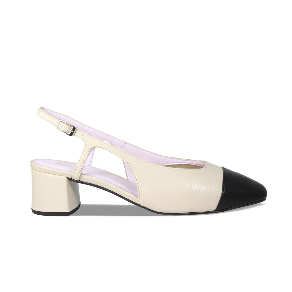 Venus: Cream & Black Leather - Sling-Back Block Heels | Sole Bliss
